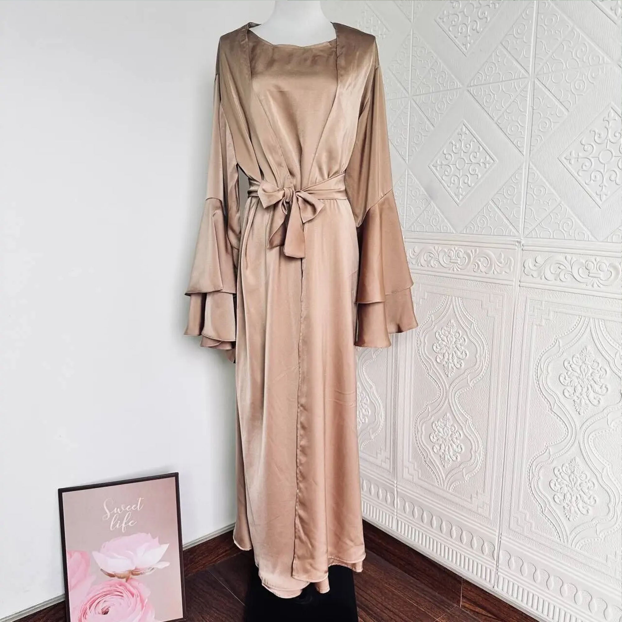 Inayah Exclusive Satin Abaya Set Beige – Boxed_by_aamina